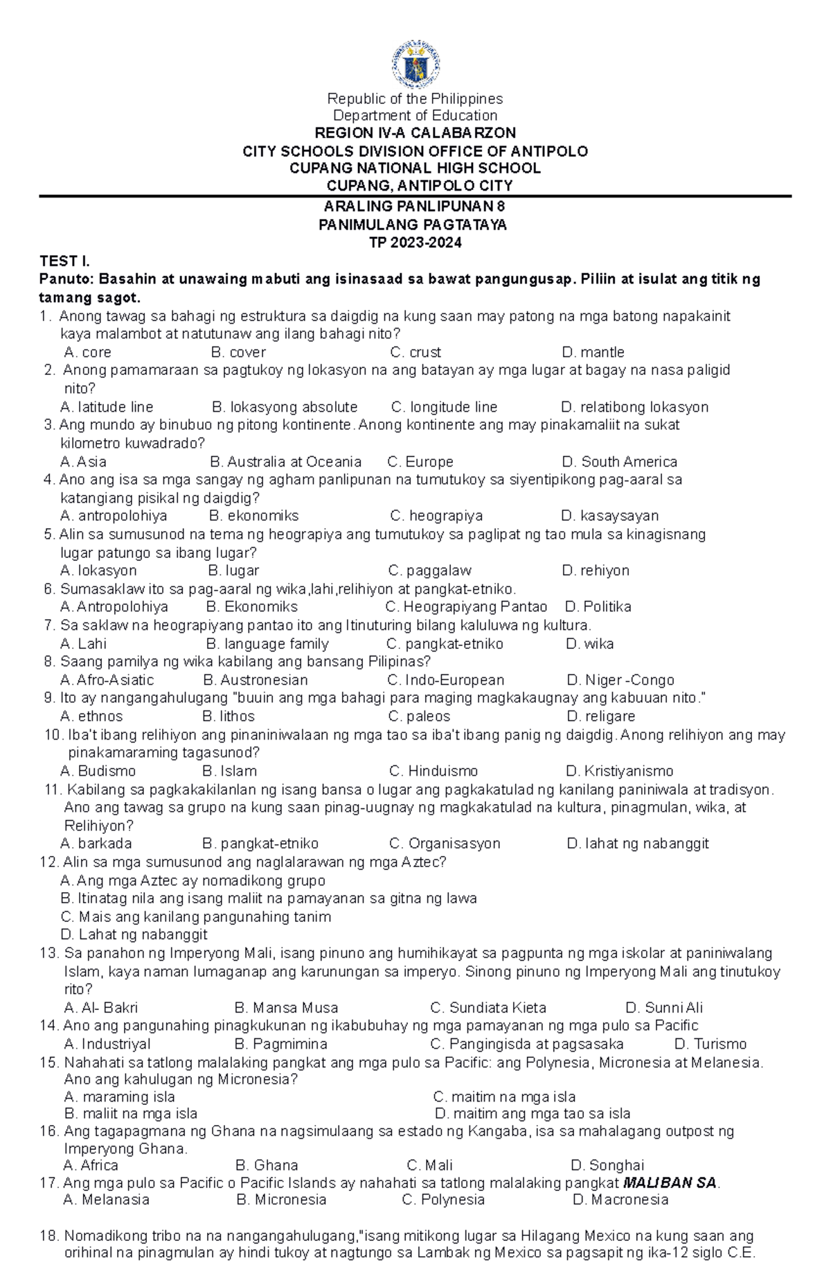 AP-8 Diagnostic-Test - quarter 1 lectures and examination - Republic of ...