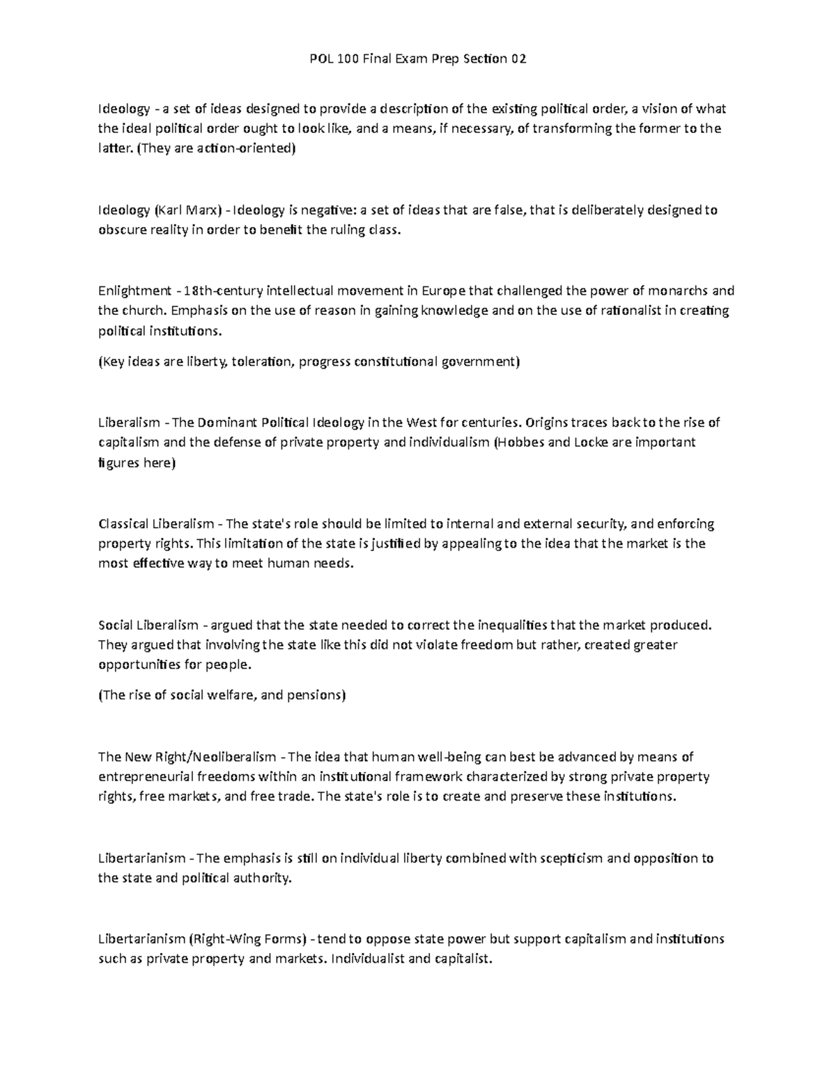 POL 100 Final Exam 02 - Ideology - a set of ideas designed to provide a ...