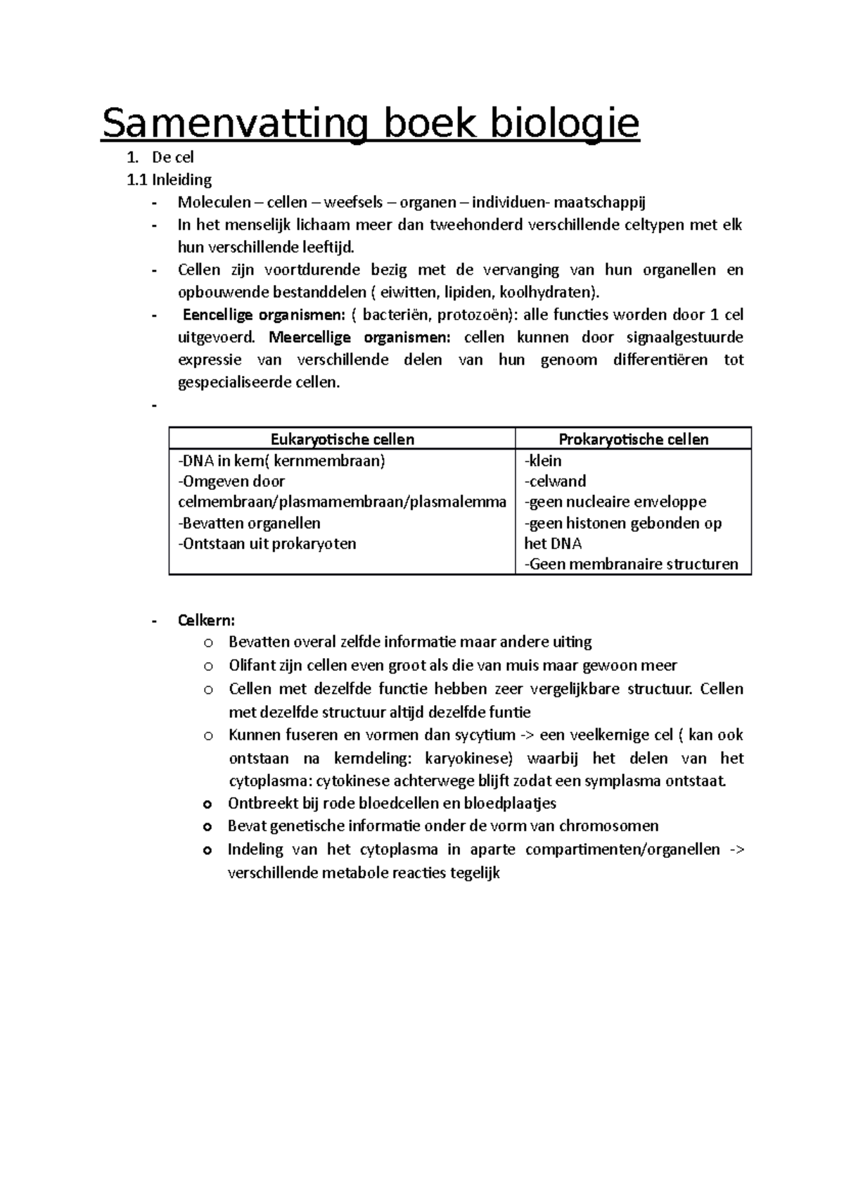 Samenvatting biologie - Samenvatting boek biologie De cel 1 Inleiding ...