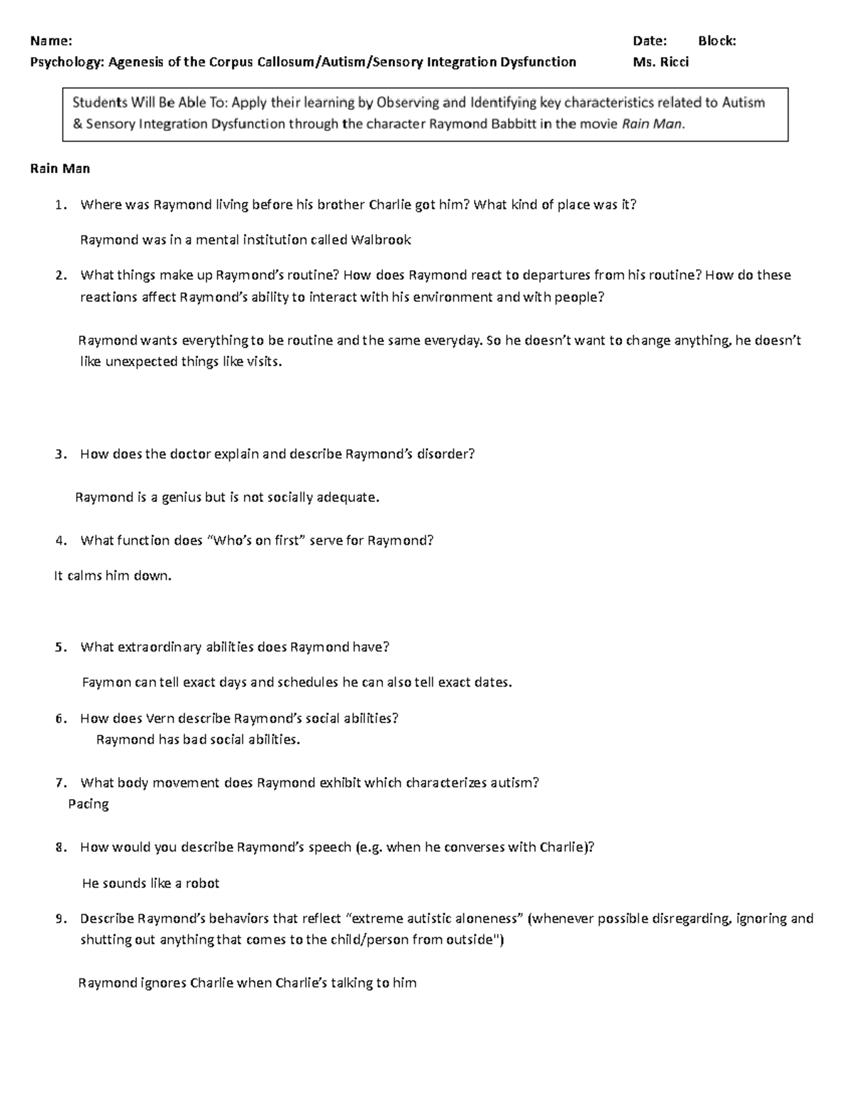 Rainman Questions 2022 - Name: Date: Block: Psychology: Agenesis of the ...