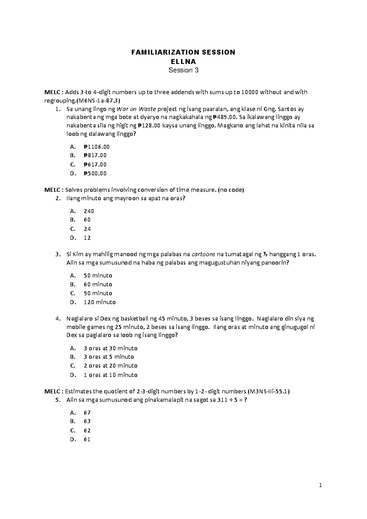 Ellna Numeracy Mother Tounge Session 3 - 1 FAMILIARIZATION SESSION ...