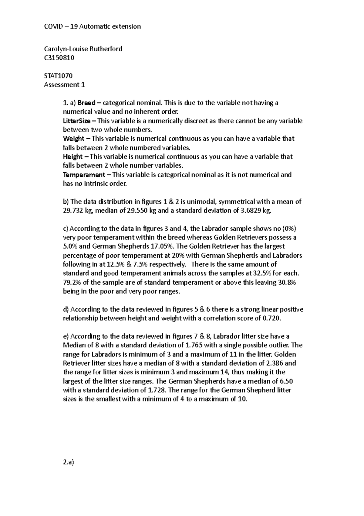 STAT1070 assessment 1 2020 - Carolyn-Louise Rutherford C STAT Assessment 1 a) Breed ...