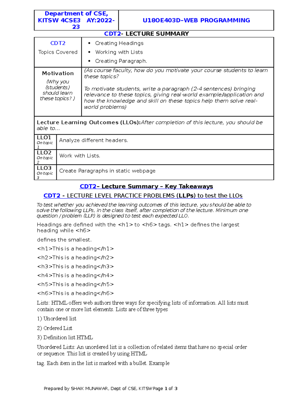WP CDT2 Summary - Hshsjs - Department of CSE, KITSW 4CSE3 AY:2022- 23 ...