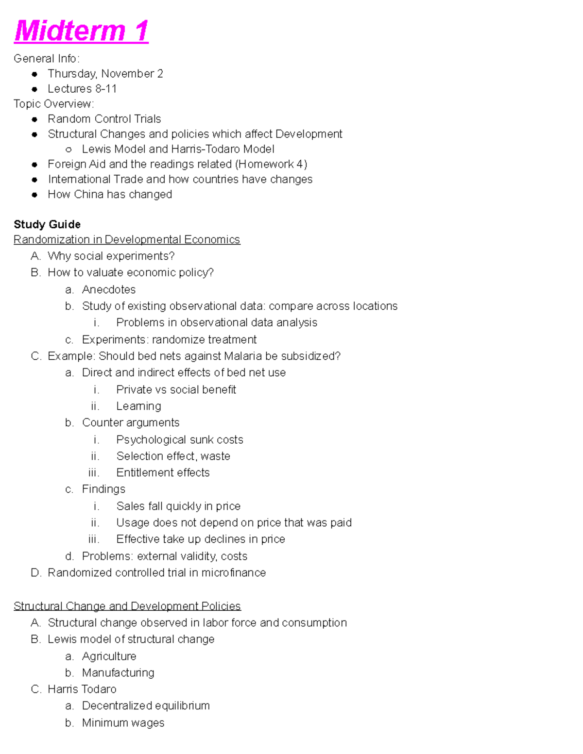 Econ 465 Notes - Midterm 1 - Midterm 1 General Info: Thursday, November ...