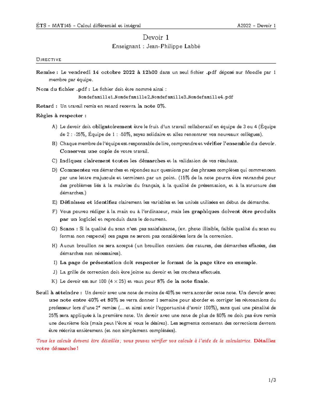 Devoir 1 - ETS – MAT145 – Calcul diff ́ ́ erentiel et int ́egral A2022 – Devoir 1 Devoir 1 - Studocu