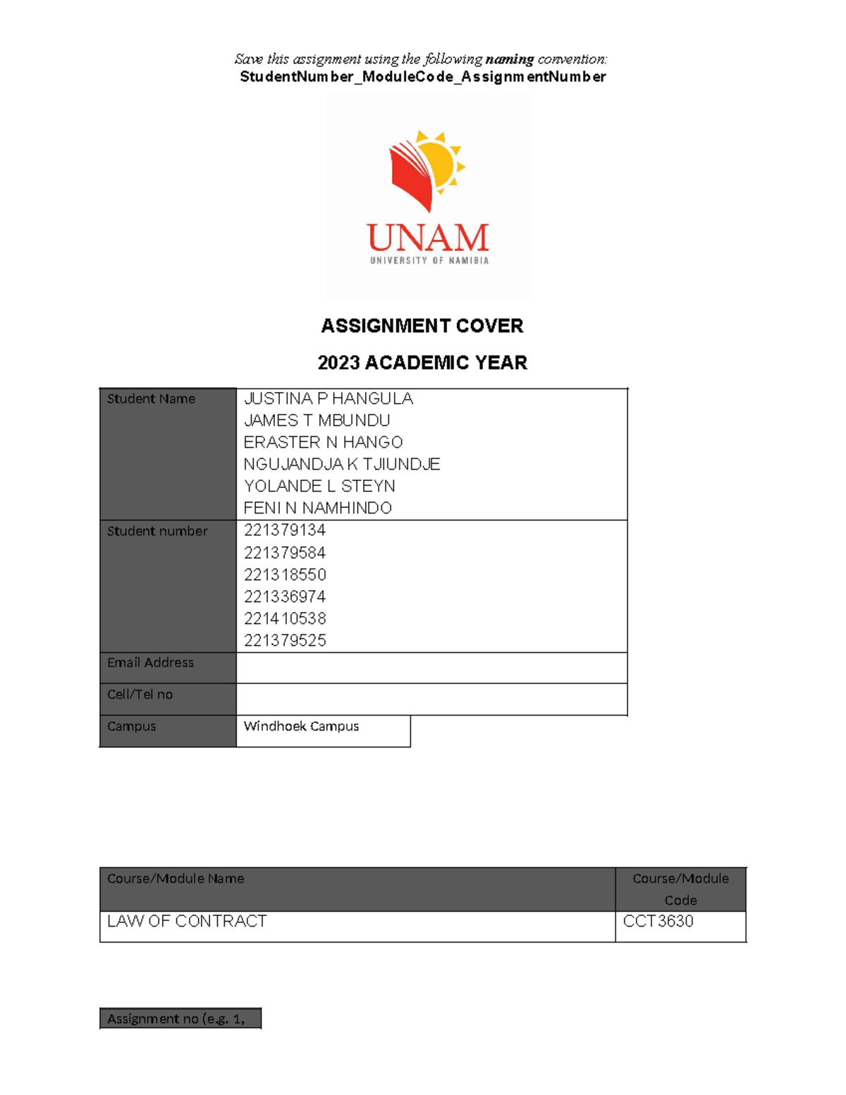 LAW OF Contract Cover PAGE - Save this assignment using the following ...