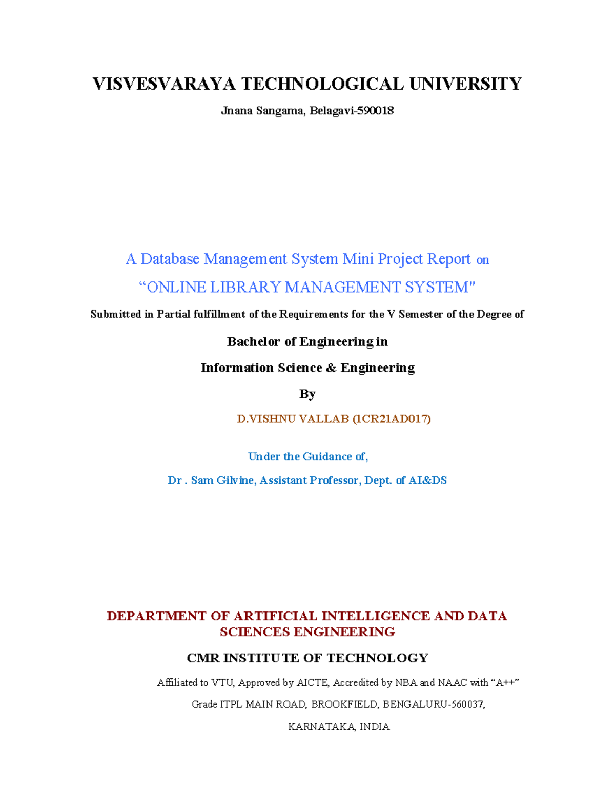 Vishnu final - it is dbms project report - VISVESVARAYA TECHNOLOGICAL ...