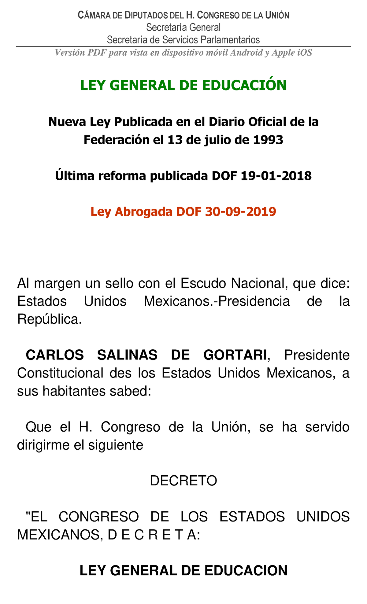 Ley General de Educacion 1993-Abro - CÁMARA DE DIPUTADOS DEL H. CONGRESO DE LA UNIÓN Secretaría ...
