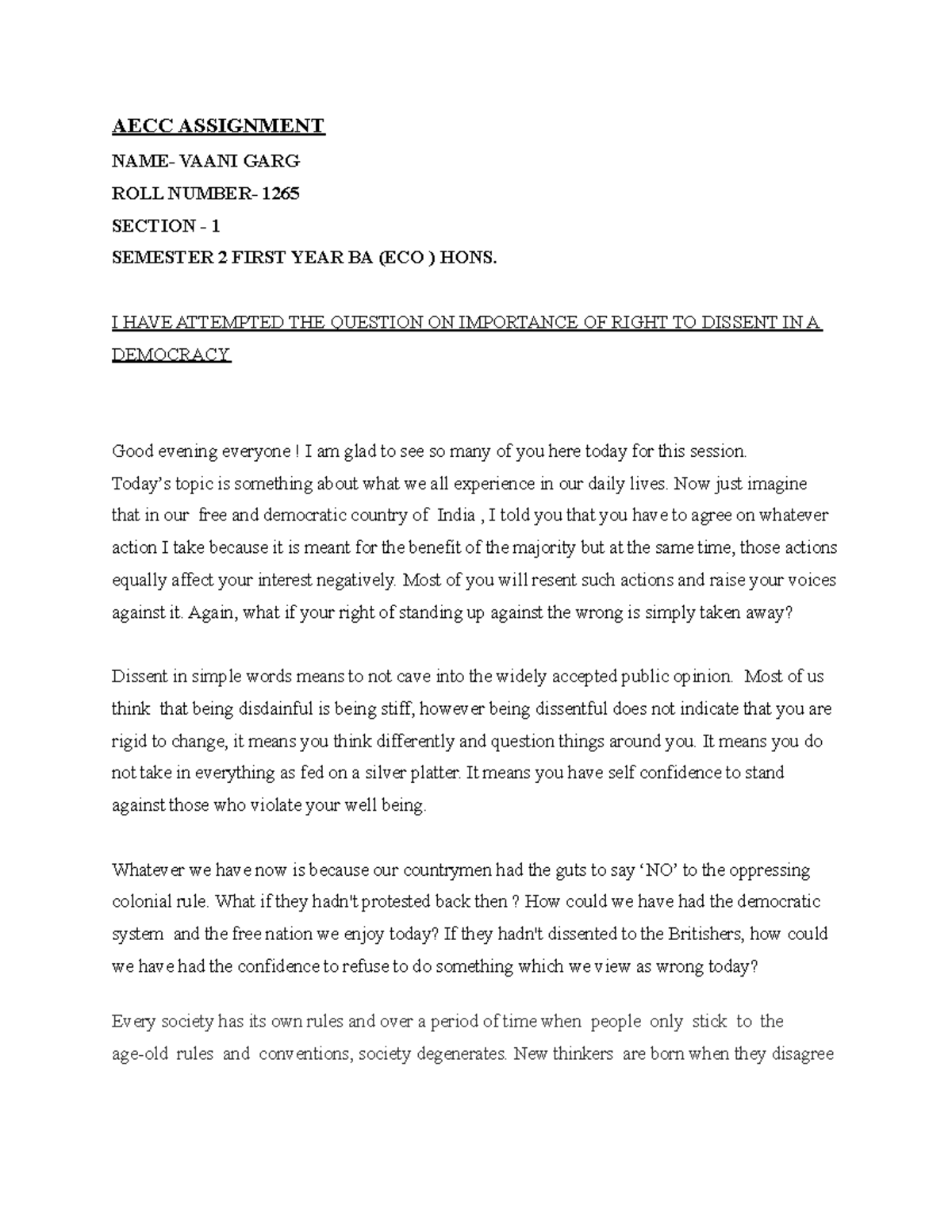 AECC Assignment - AECC ASSIGNMENT NAME- VAANI GARG ROLL NUMBER- 1265 SECTION - 1 SEMESTER 2 ...