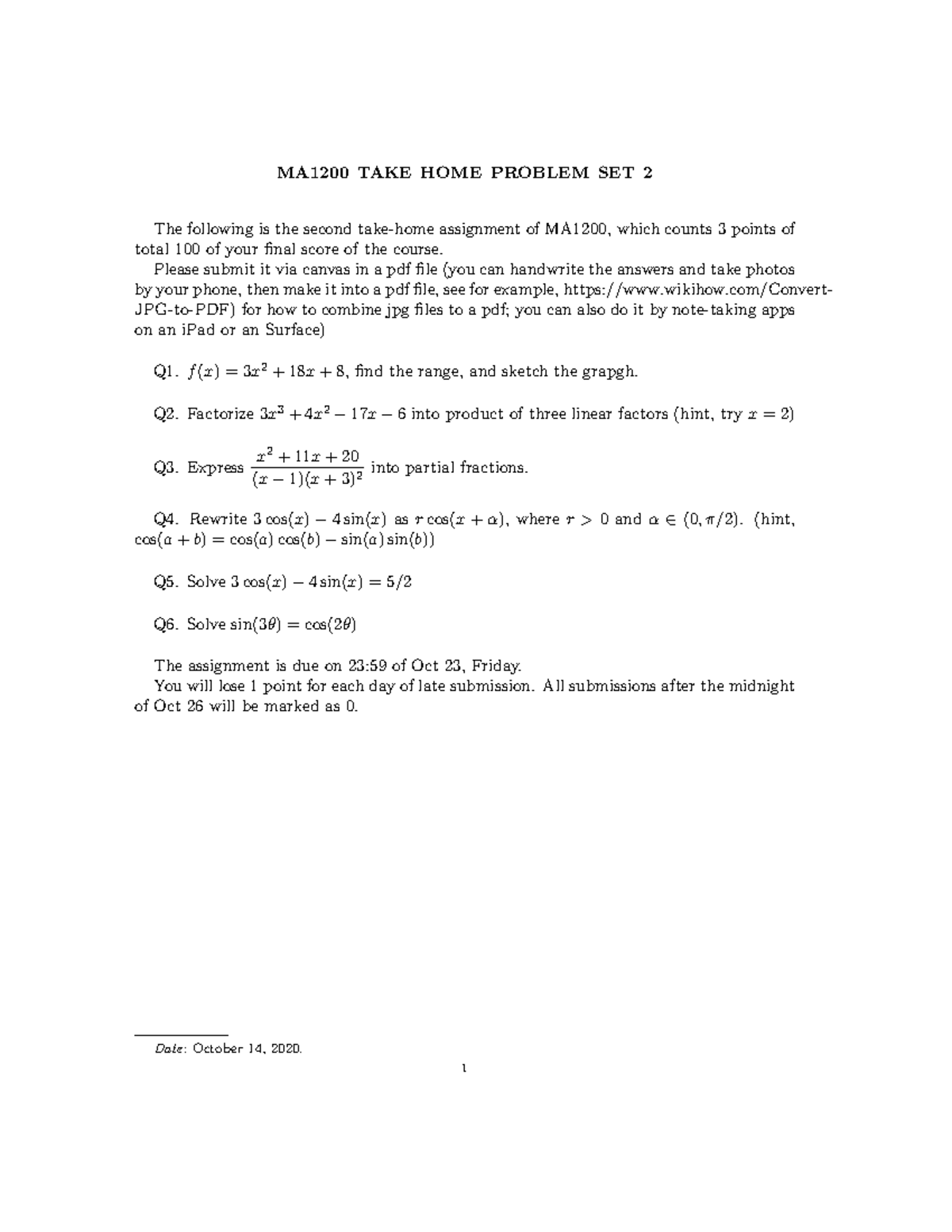 MA1200 HW2 - HW2 - MA1200 TAKE HOME PROBLEM SET 2 The following is the second take-home ...