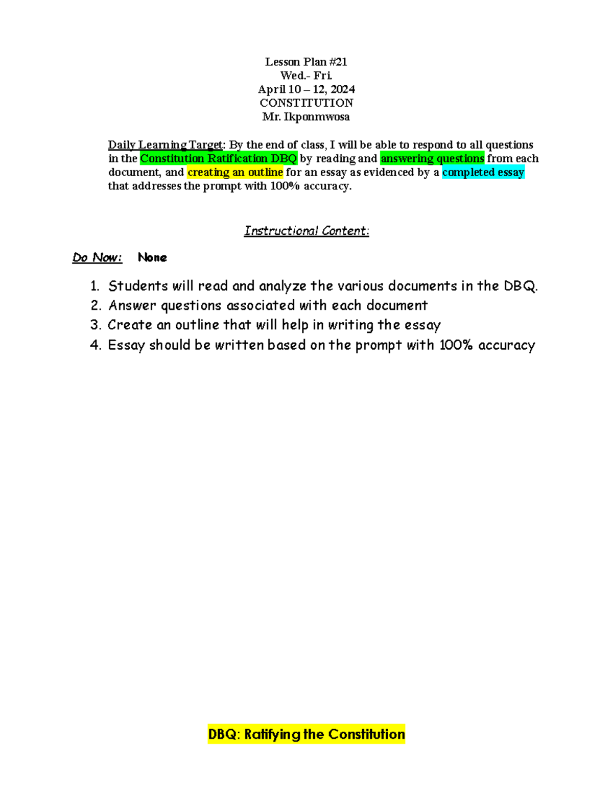 GOVT Lesson Plan - Constitution DBQ - Lesson Plan Wed.- Fri. April 10 ...