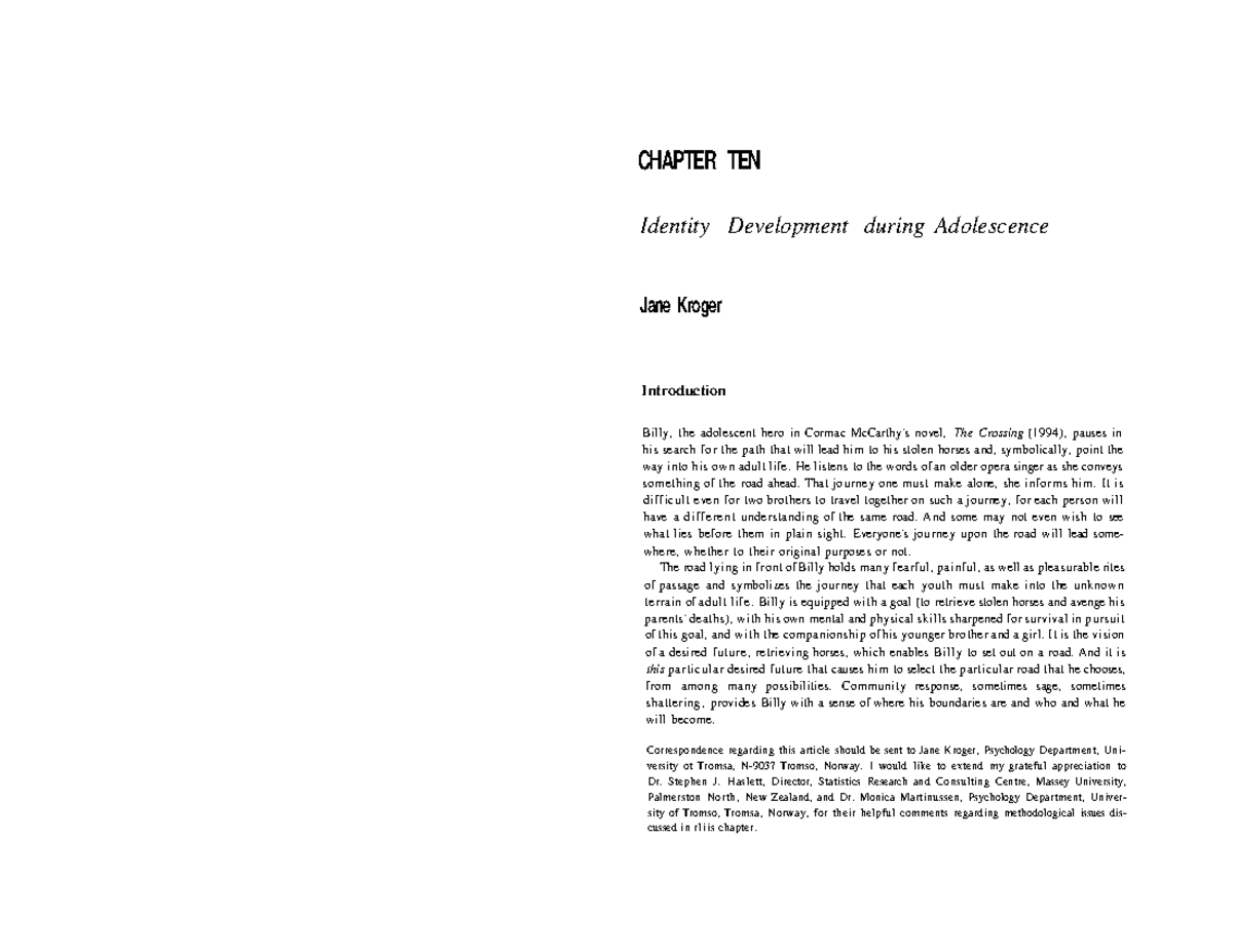 Identity development during adolescence - CHAPTER TEN Identity ...