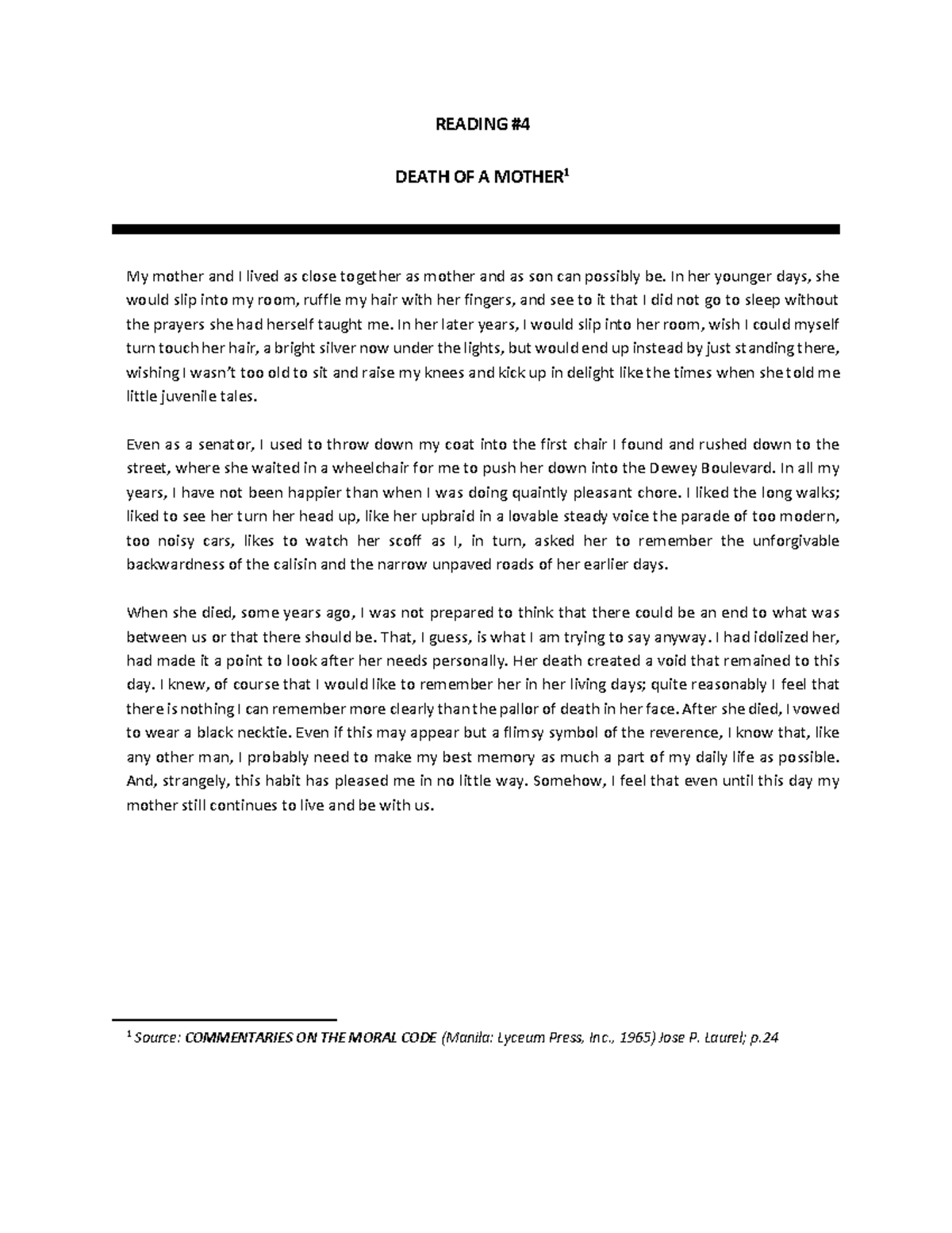 Reading #4 - Death of a Mother - READING DEATH OF A MOTHER 1 My mother ...