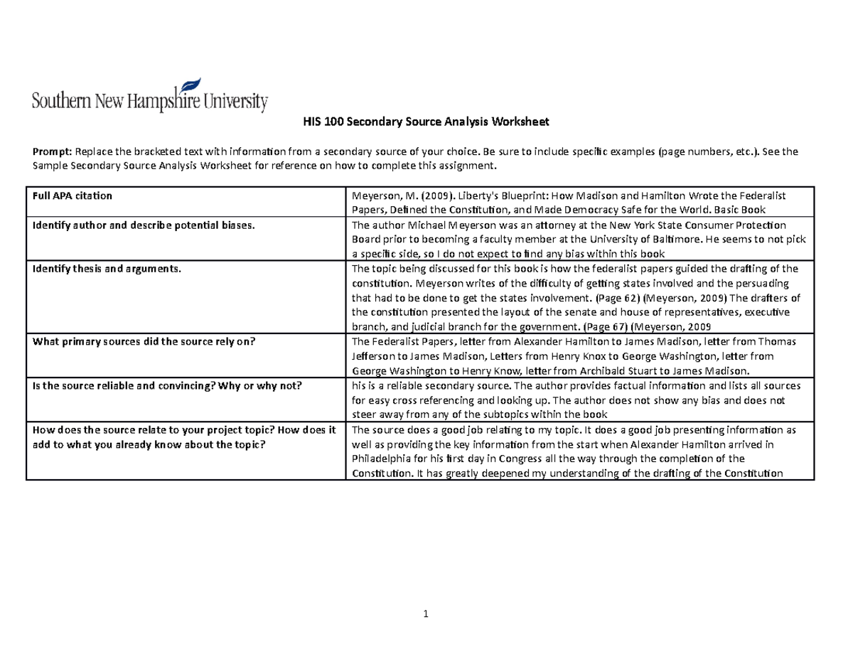 History completed - 3-2 - HIS 100 Secondary Source Analysis Worksheet ...