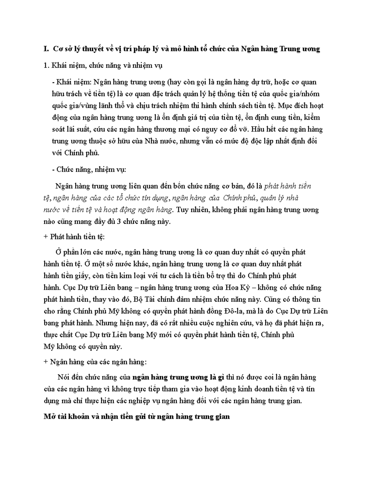 Bài tập lớn TCTT - BTL TCTT - I. Cơ sở lý thuyết về vị trí pháp lý và mô hình tổ chức của Ngân ...