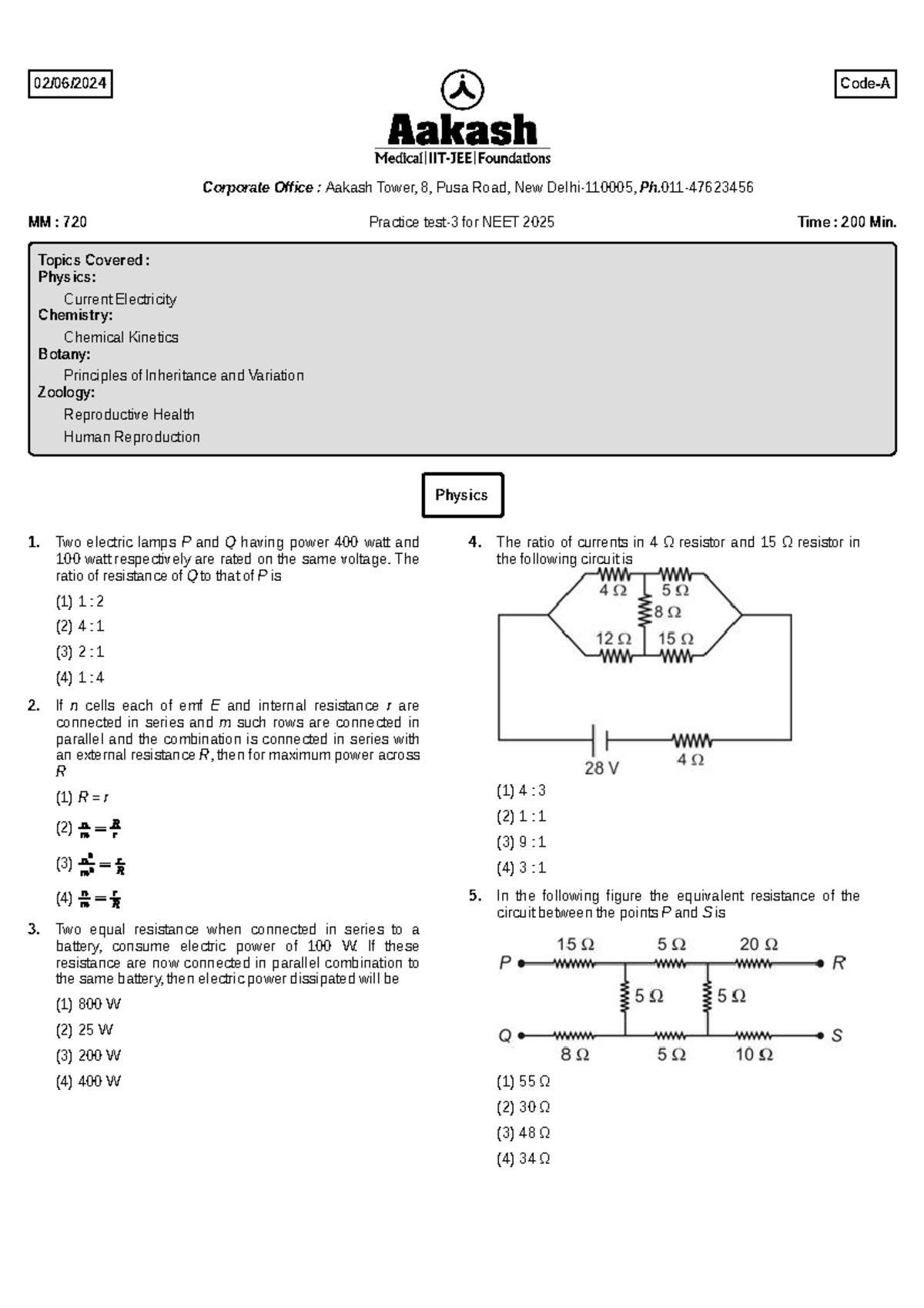 Practice test-3 for NEET 2025 - 02/06/ Corporate Office : Aakash Tower ...
