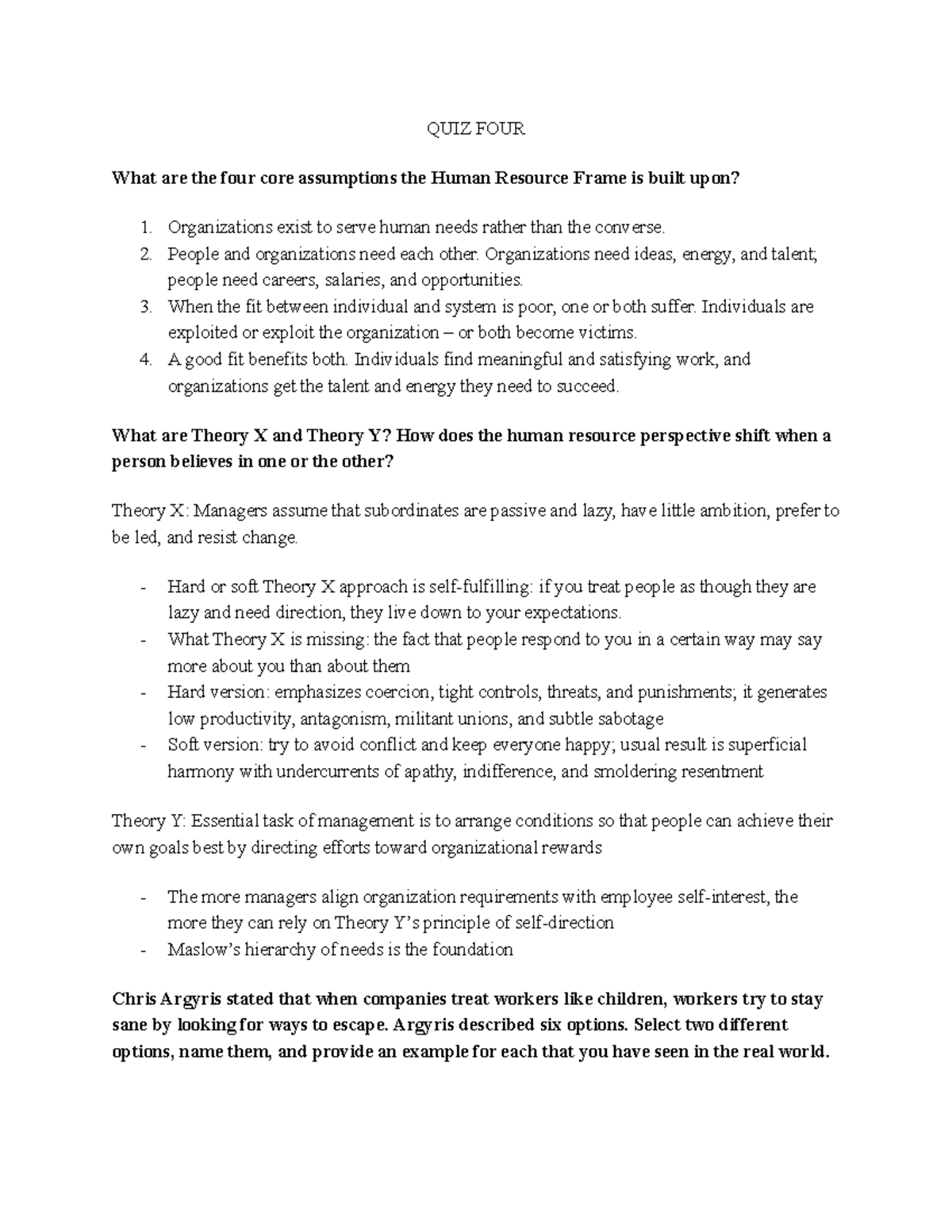 Quiz 4 Questions - Prof. Payne - QUIZ FOUR What are the four core ...