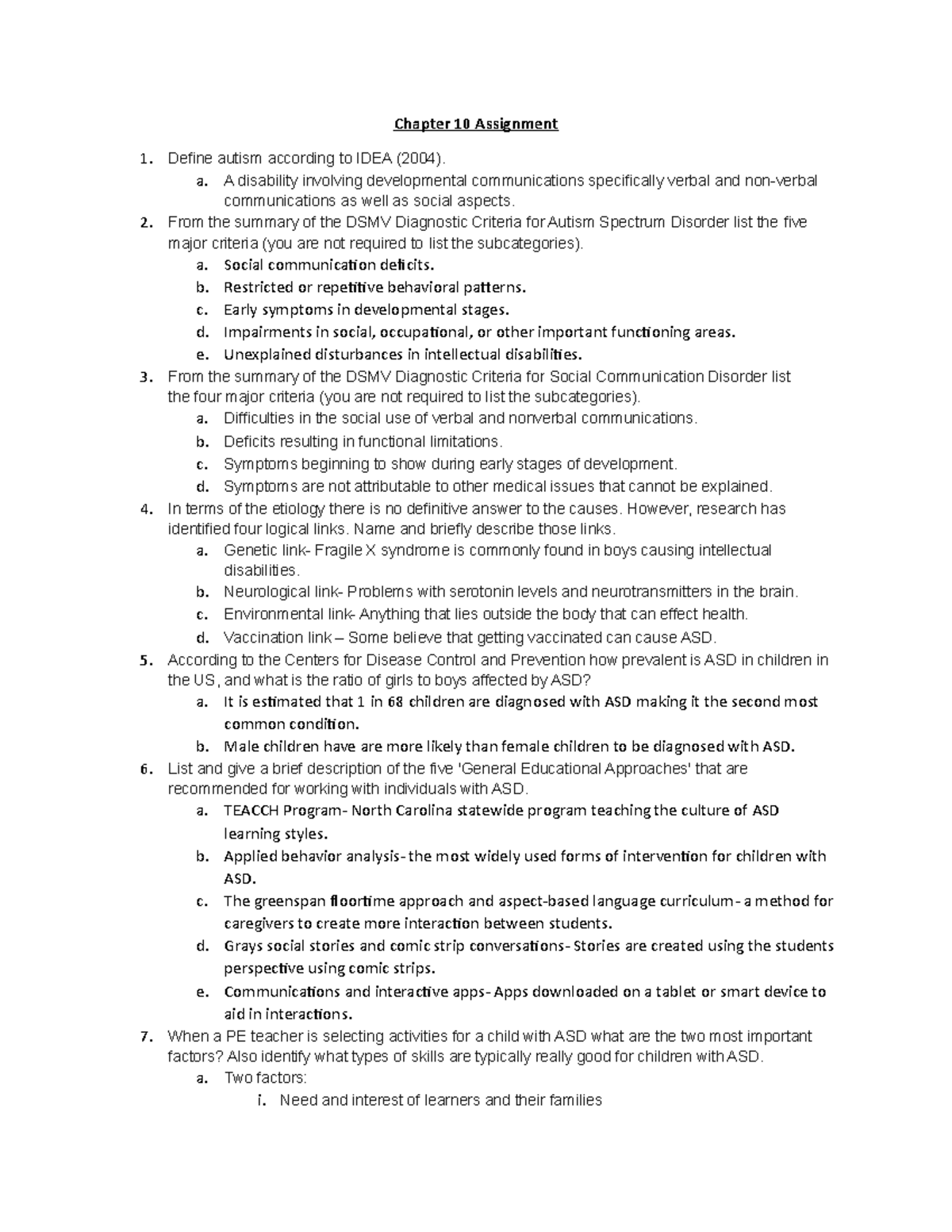Chapter 10 unit Assignment - Chapter 10 Assignment 1. Define autism according to IDEA (2004). a ...