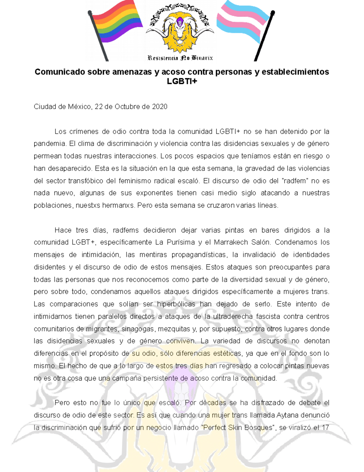 Comunicado v2 - Comunicado sobre amenazas y acoso contra personas y establecimientos LGBTI+ ...