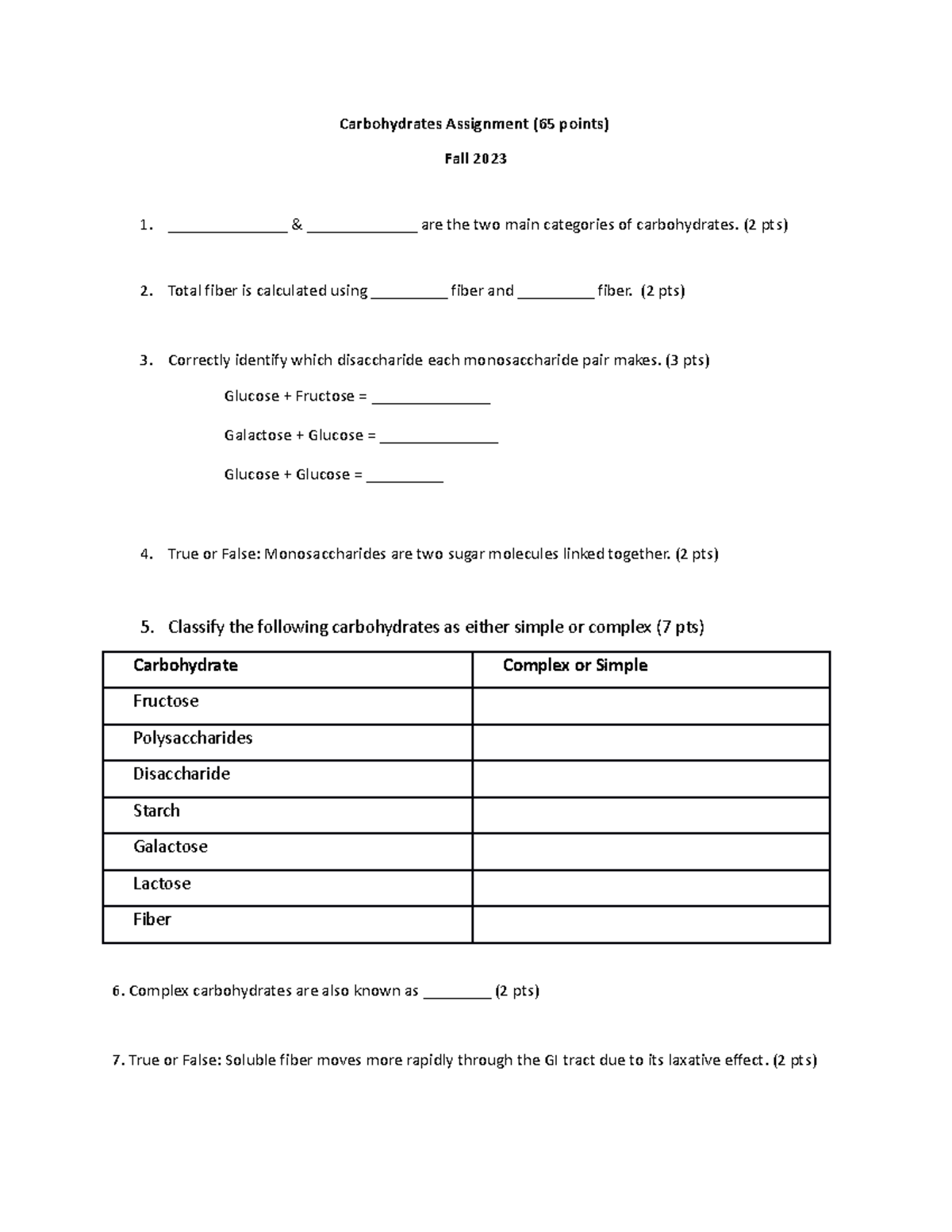 Carbohydrates Assignment Fall 2023 - Carbohydrates Assignment (65 ...