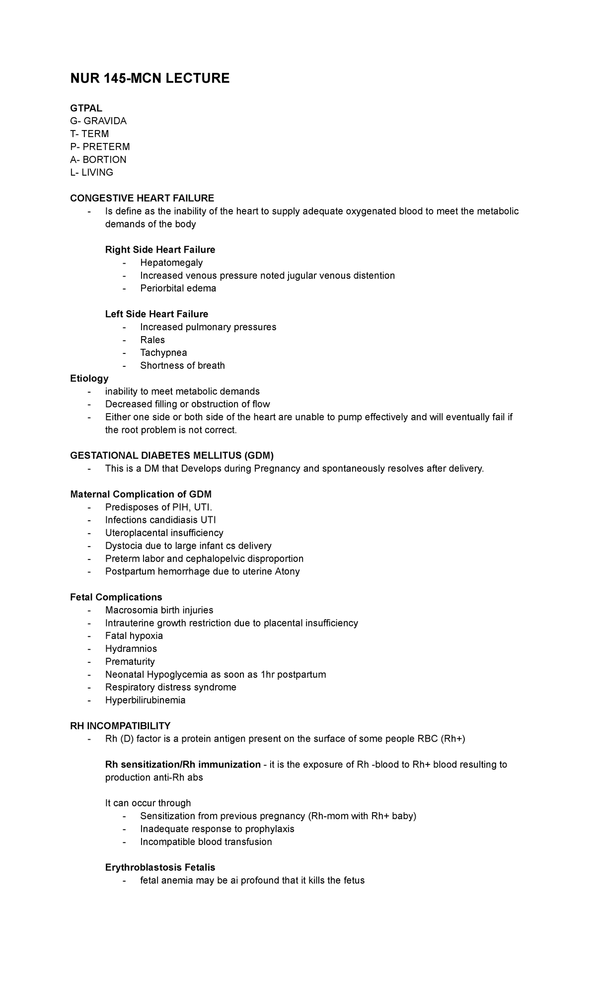 NUR 145 MCN Lecture - NUR 145-MCN LECTURE GTPAL G- GRAVIDA T- TERM P ...