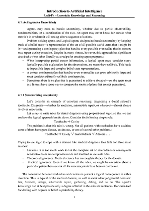 AI Unit 4 - Unit 4 - Uncertain Knowledge and Reasoning: Acting under ...