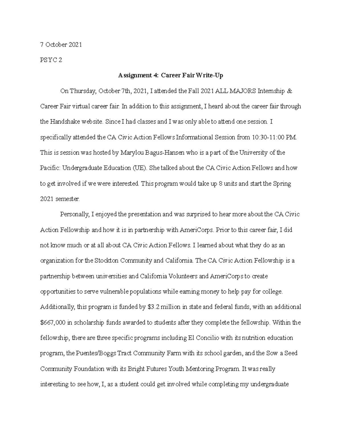 Career Fair Write Up - 7 October 2021 PSYC 2 Assignment 4: Career Fair ...