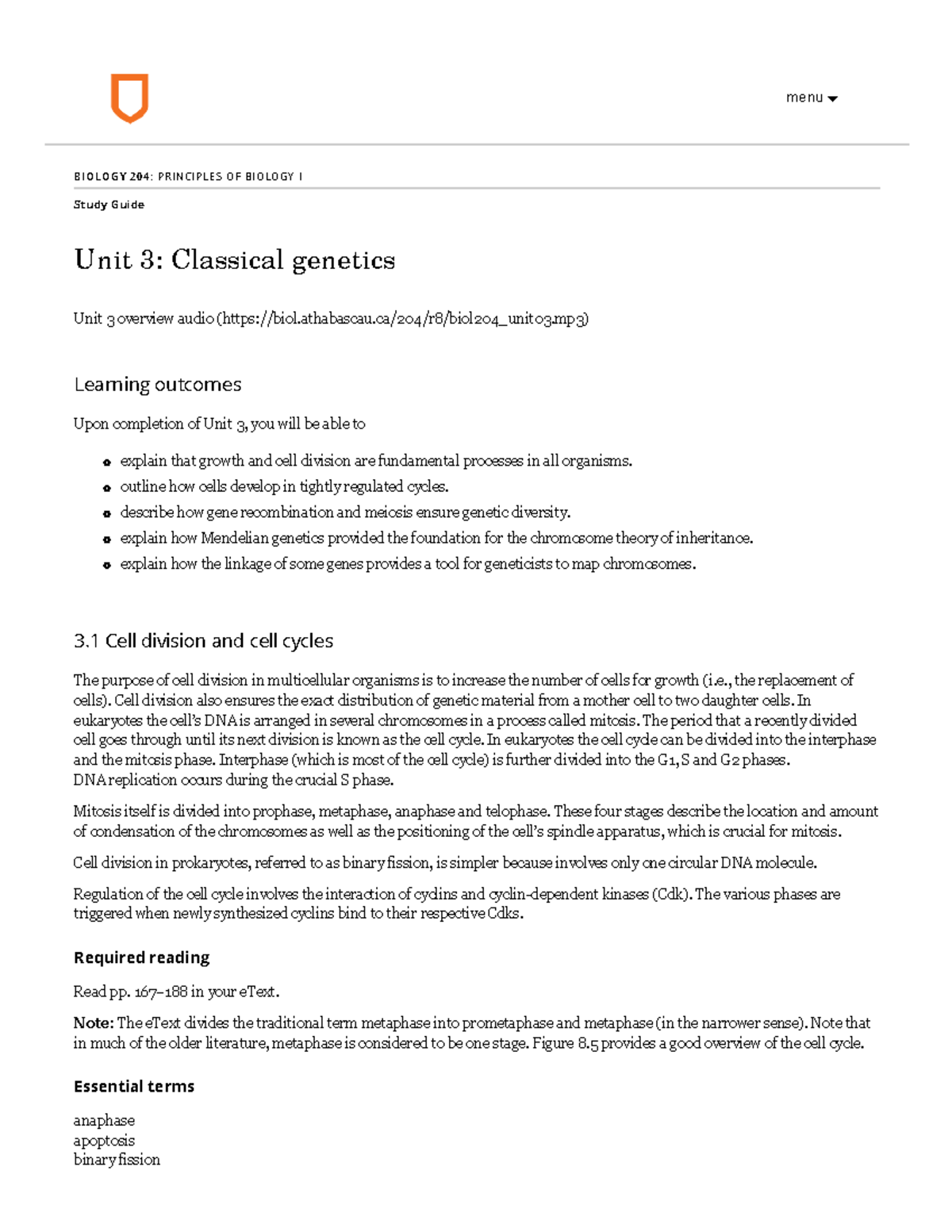 Study Guide - Unit 3 -AU BIO 204 - menu BIOLOGY 204 : PRINCIPLES OF ...