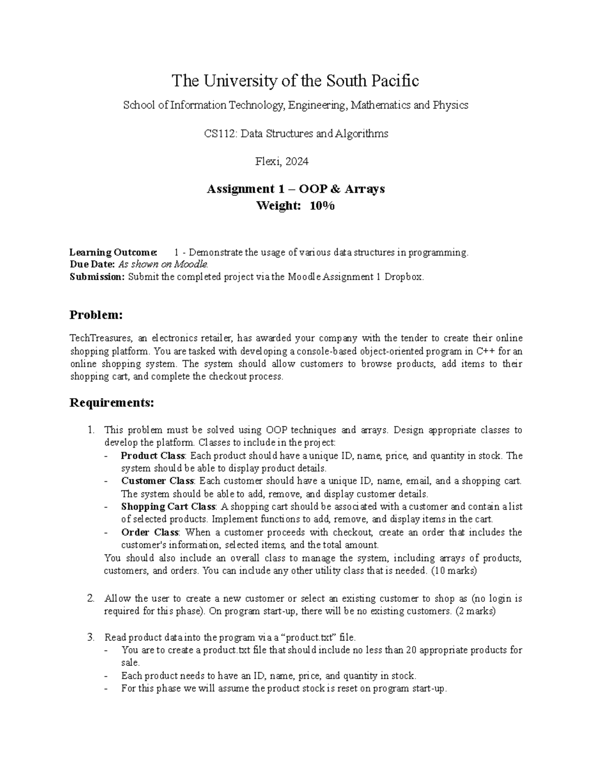 CS112 Assignment 1 - The University of the South Pacific School of Information Technology, - Studocu