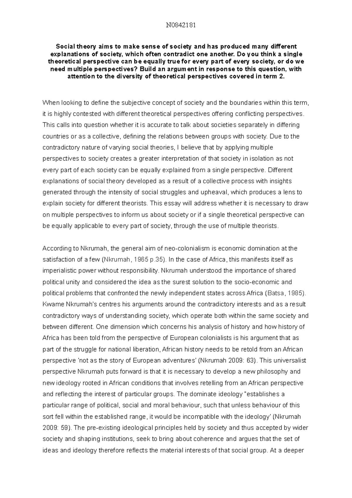 Sociology Essay - Social theory aims to make sense of society and has ...