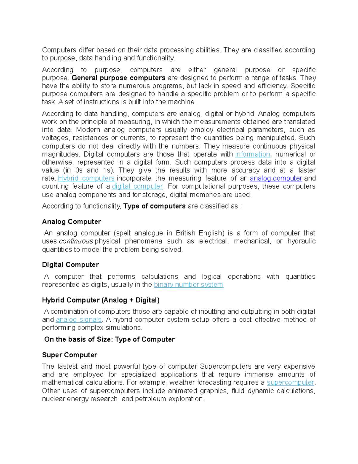 Computers differ based on their data processing abilities - They are ...