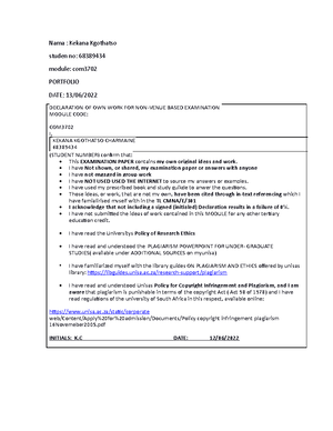 COM3702 Assignment 1 2023 - COM ASSIGNMENT MODULE CODE: - DECLARATION OF OWN WORK I, SINAZ0 ...