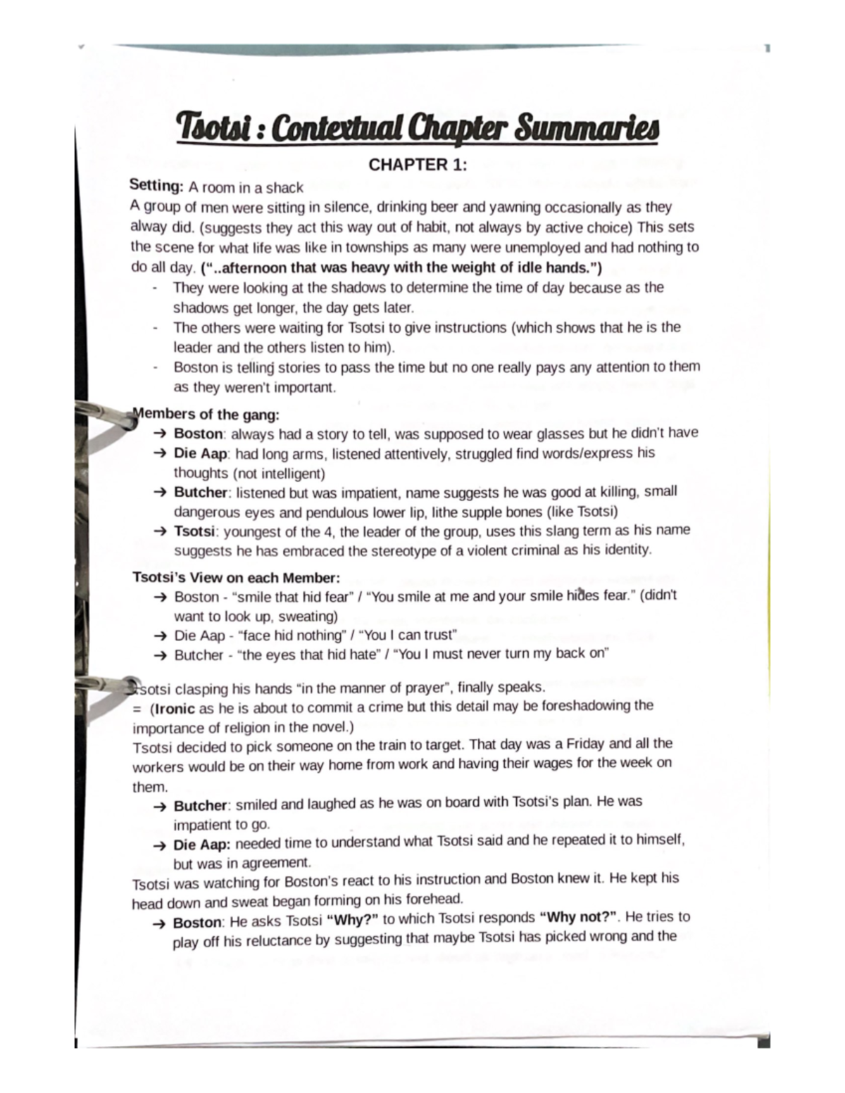 Tsotsi by Athol Fugard Chapter summaries Grade 11 - Tsotsi: Contextual ...