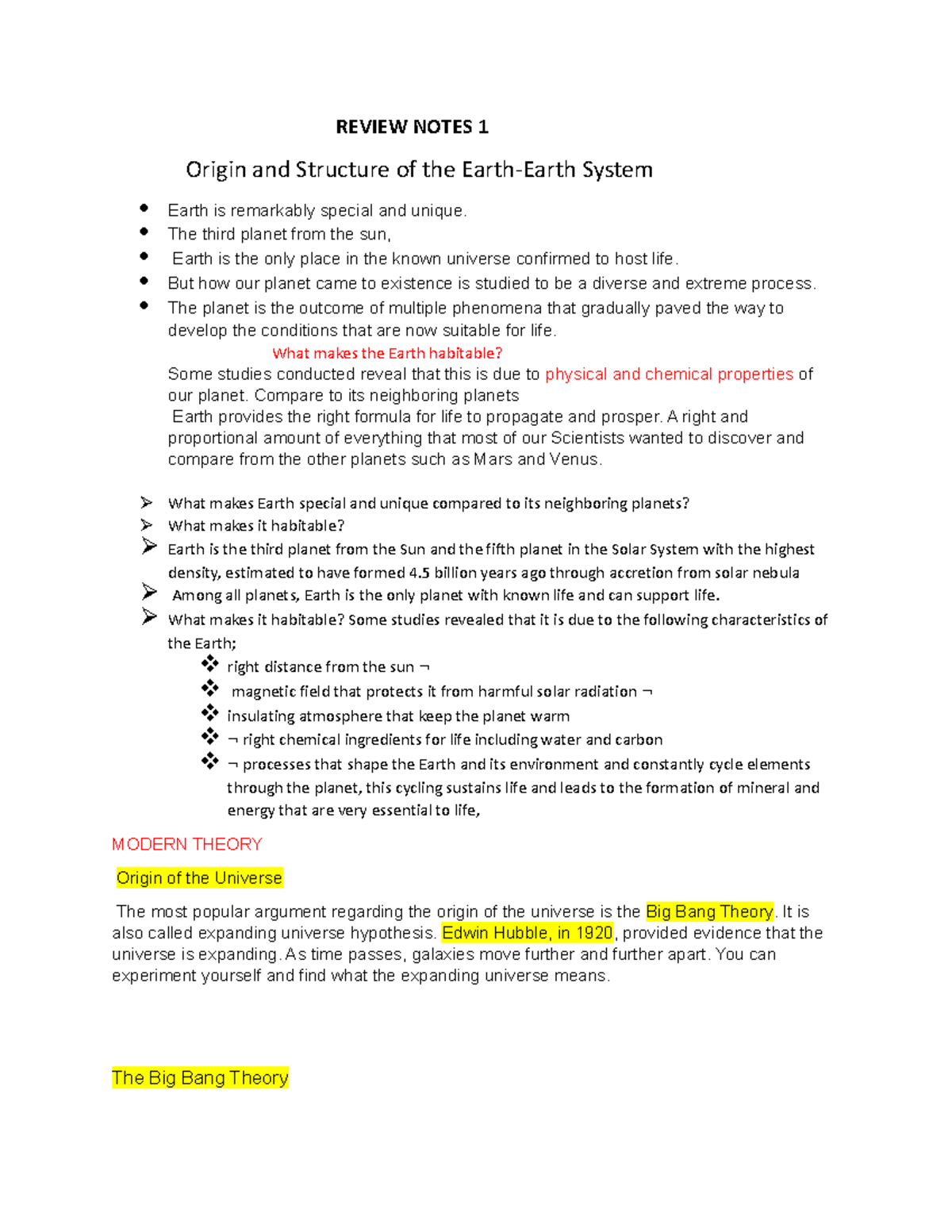 Review Notes 1 Earth Science - REVIEW NOTES 1 Origin and Structure of ...