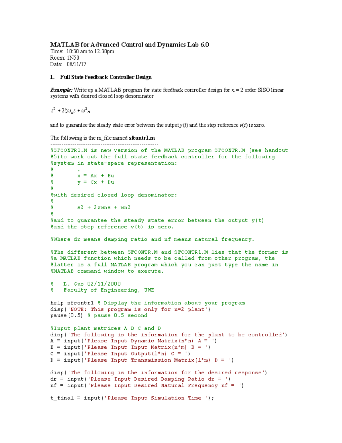 Advanced Control and Dynamics Lab 6.0 - Full State Feedback Controller ...