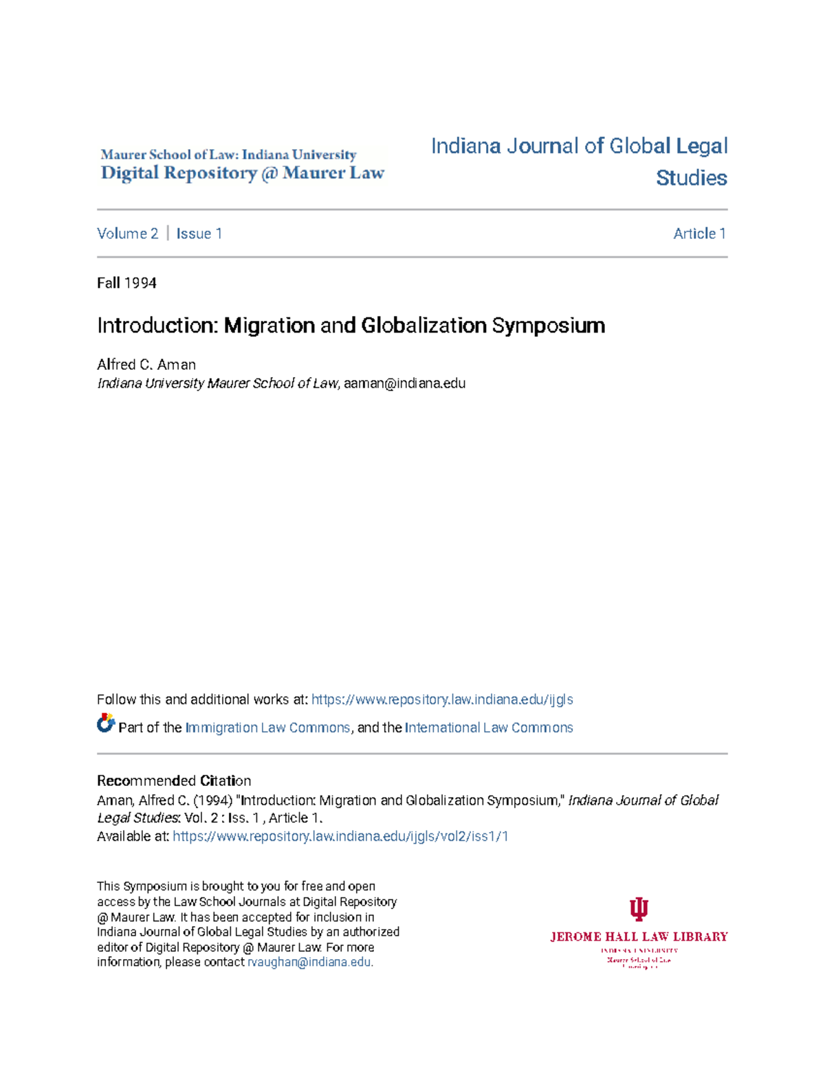 Introduction Migration and Globalization Symposium - Indiana Journal of ...