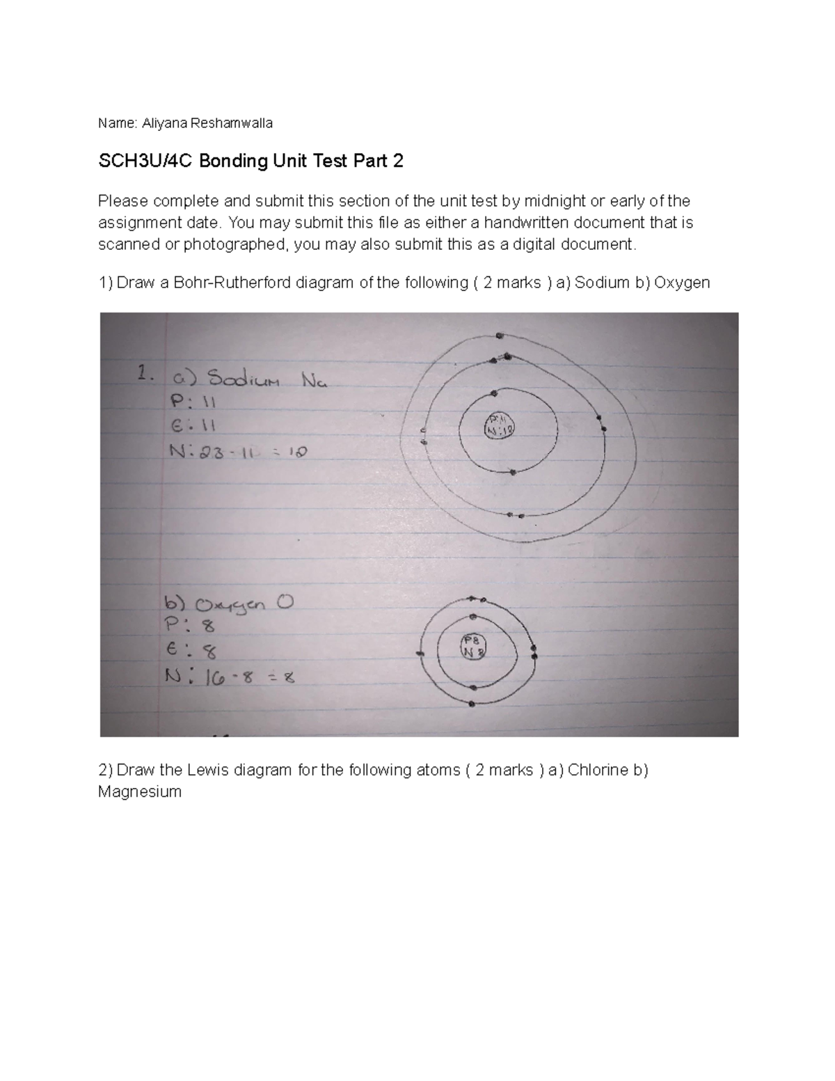 SCH3U 4C Bonding Unit Test Part 2 - Name: Aliyana Reshamwalla SCH3U/4C ...