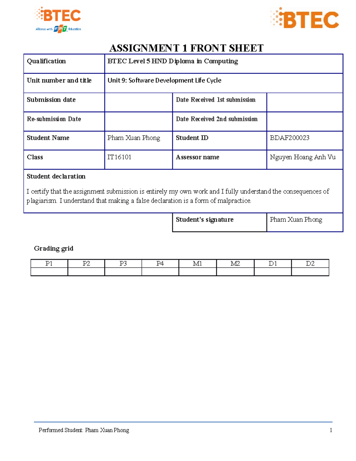 SDLC - Assignment 1 IT16101 Pham Xuan Phong - ASSIGNMENT 1 FRONT SHEET ...