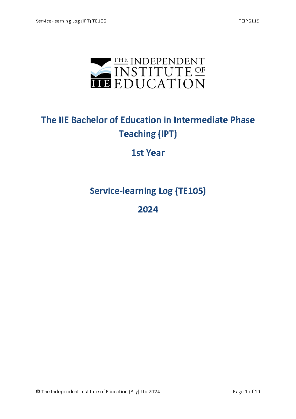 TEIP5119 TE105 Service-learning Log - The IIE Bachelor of Education in ...