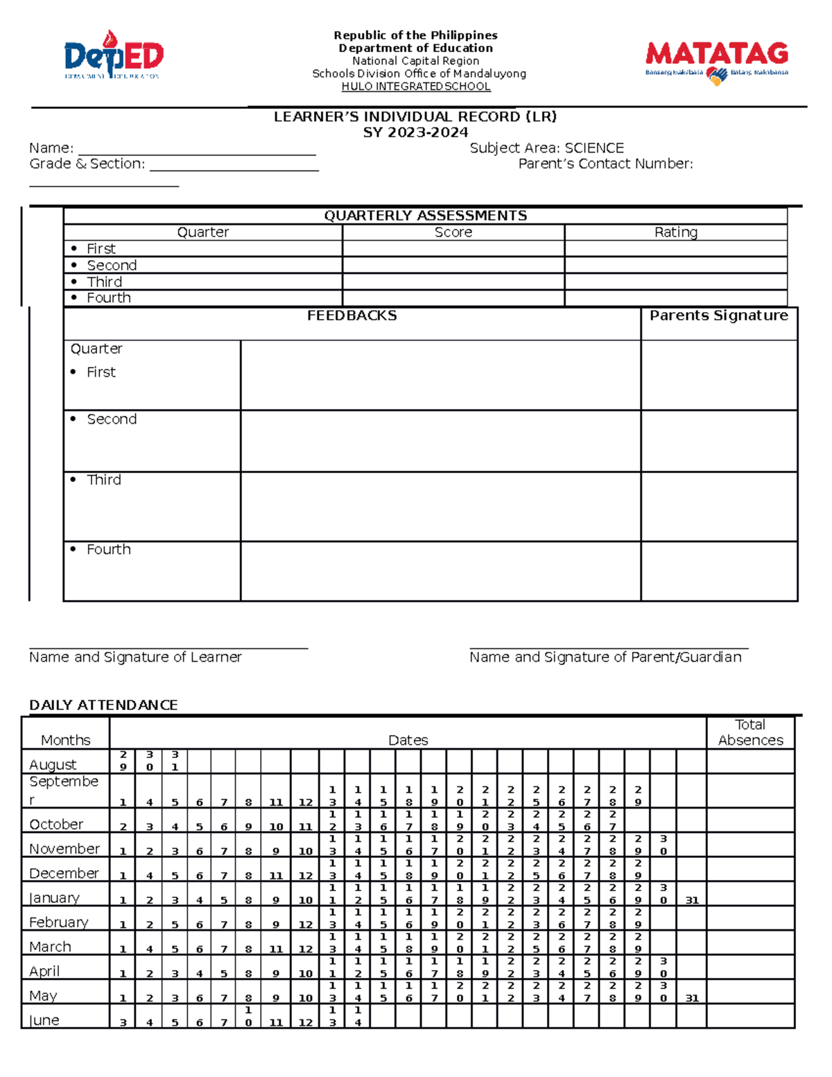 Individual Learners Record LR - Republic of the Philippines Department ...