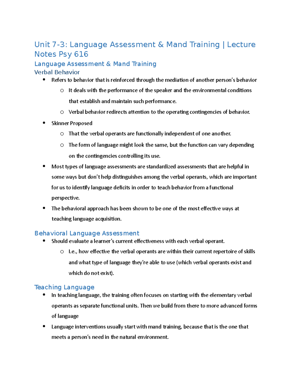 Unit 7-3 Language Assessment and Mand Training - o Verbal behavior ...