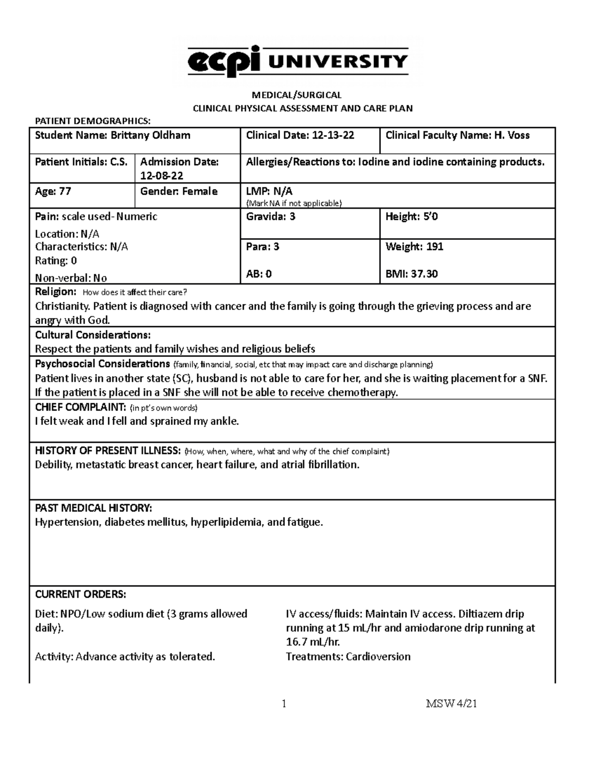Clinical Care Plan Assignment 1 - MEDICAL/SURGICAL CLINICAL PHYSICAL ...