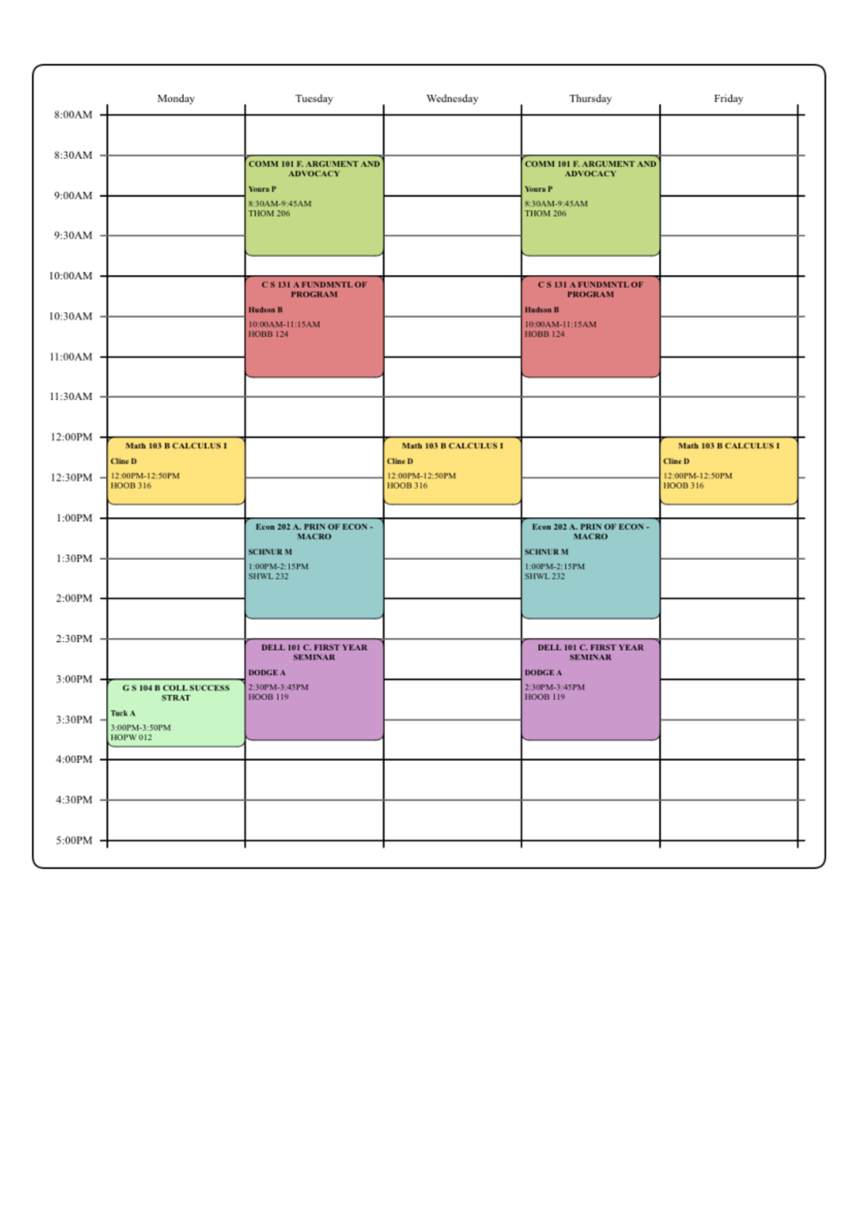 Free College Schedule Maker - Monday Tuesday Wednesday Thursday Friday ...