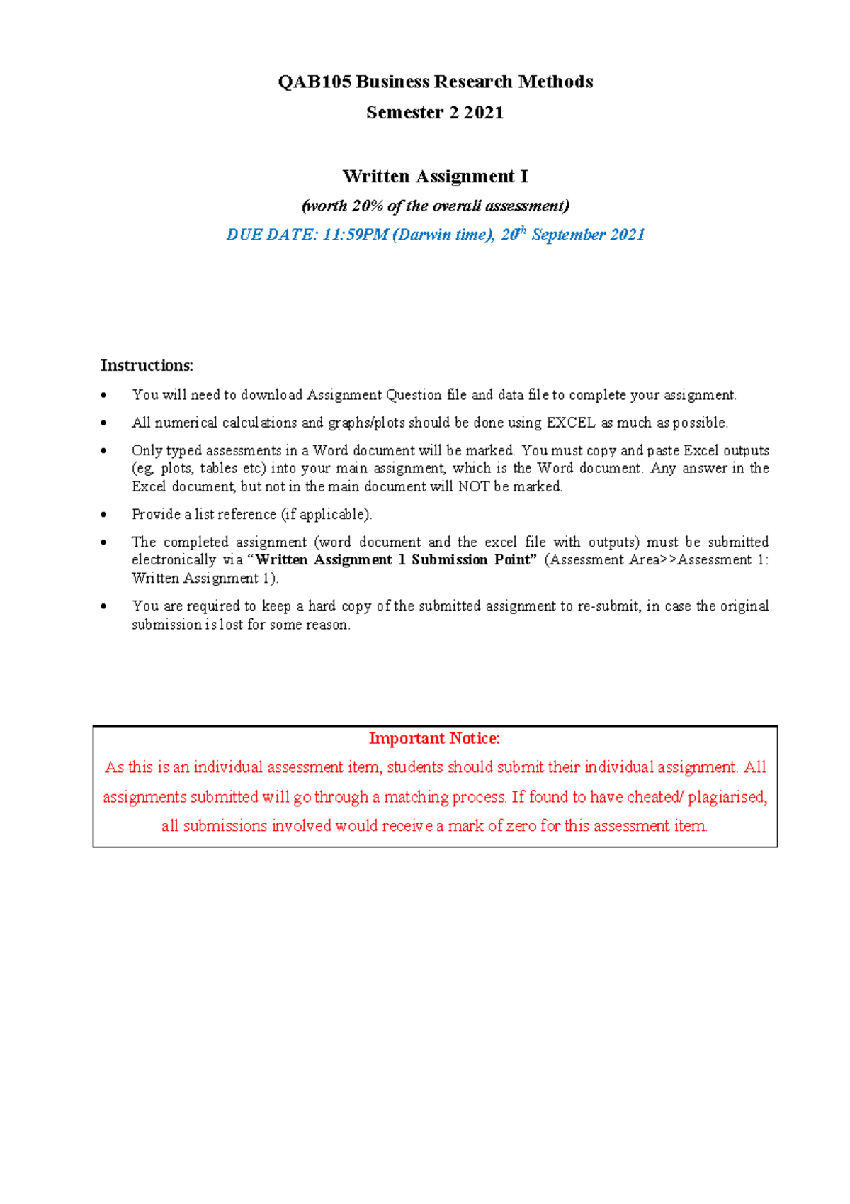 QAB105 Written Assignment 1 Semester2 year of 2021 - QAB105 - CDU - Studocu