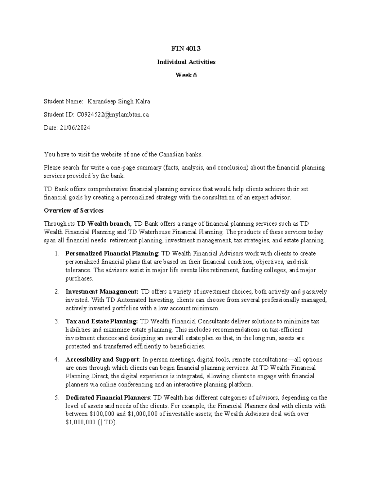 FIN 4013 Week 6 - TD Bank Financial Planning Assignment - FIN 4013 ...