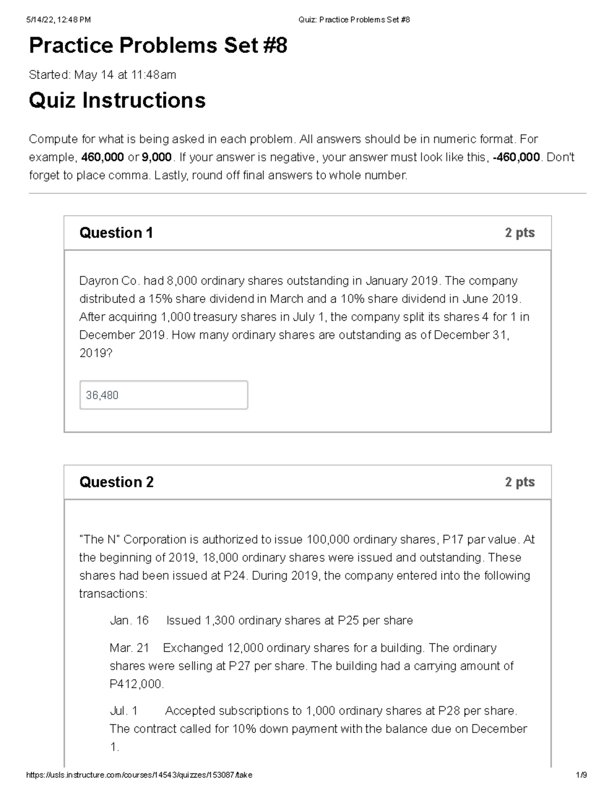Quiz-Practice-Problems-Set-8pdf 148474145 - Practice Problems Set Started: May 14 at 11:48am ...
