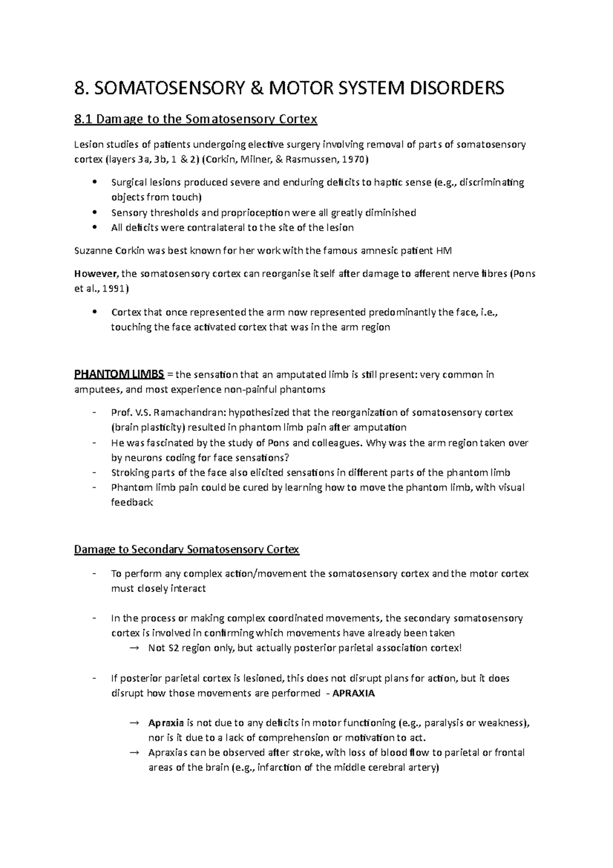 8. Somatosensory & Motor System Disorders - PSYU9A4 - Stirling - Studocu