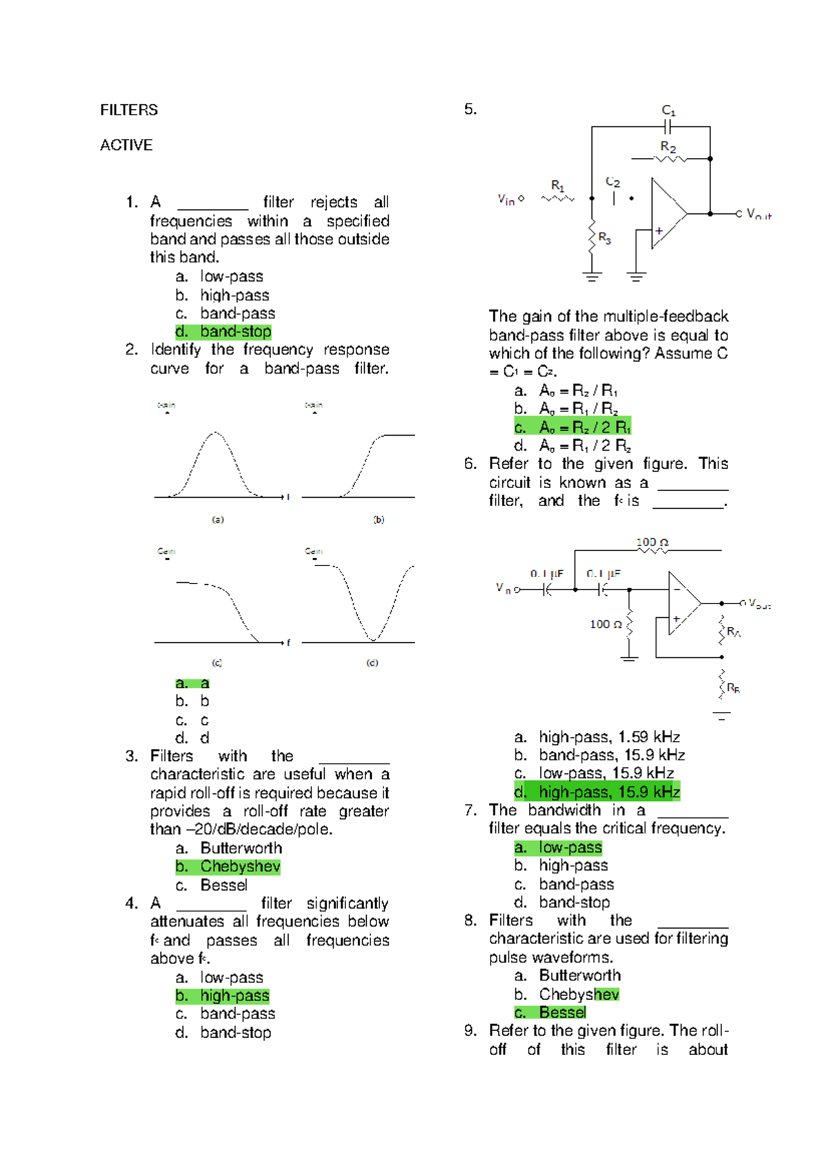 Filters Answer KEY - None - FILTERS ACTIVE A ________ filter rejects ...