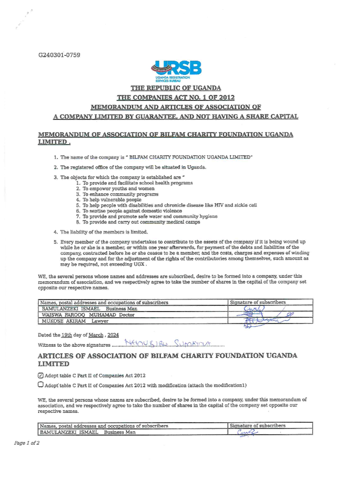MOA10920720240327094705 - URSB UGANDA REGISTRATION SERVICES BUREAU THE REPUBLIC OF UGANDA THE ...