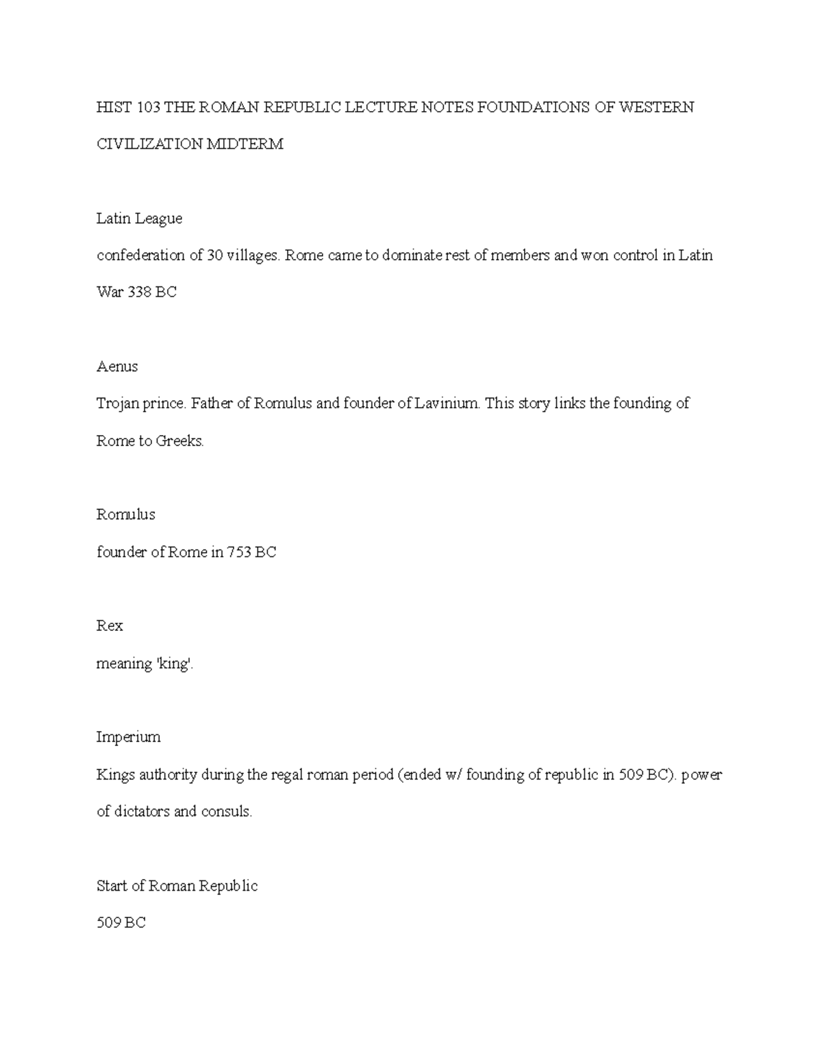 HIST 103 THE Roman Republic Lecture Notes Foundations OF Western ...